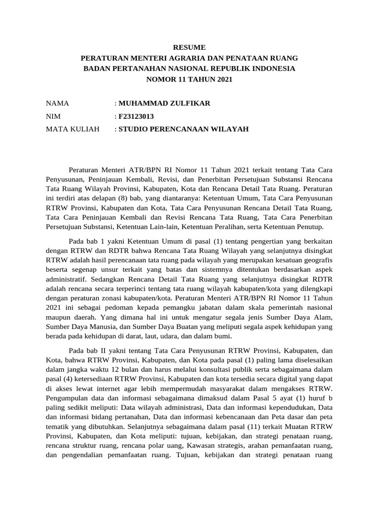 Resume Permen Atr No 11 Tahun 2021 | PDF