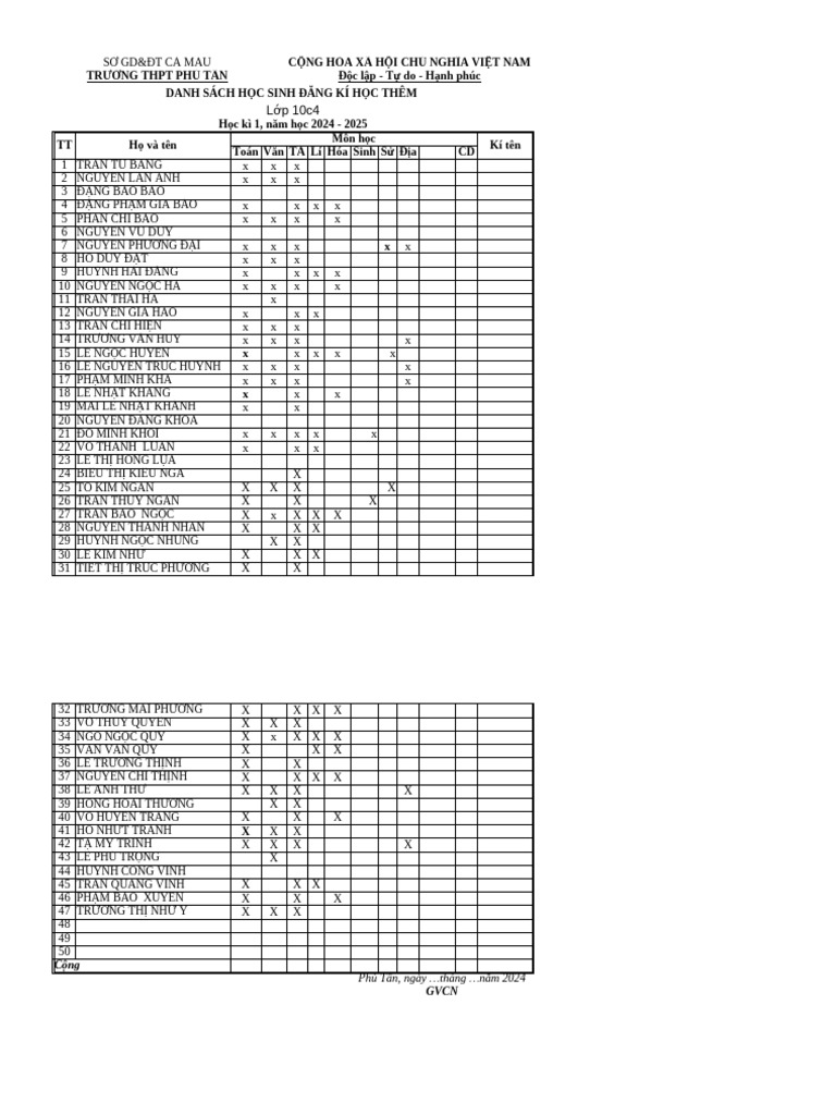 Đăng Kí Học Thêm-10c4 | PDF