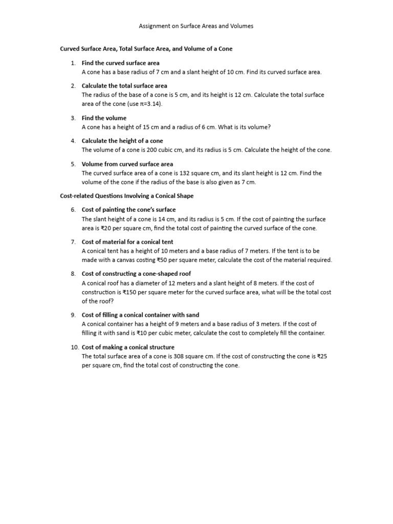 Assignment Surface Area and Volume - Cone | PDF