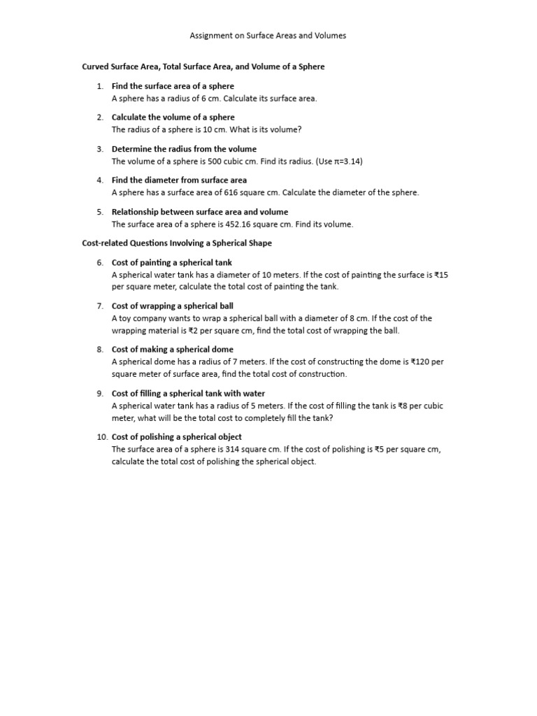 Assignment Surface Area and Volume - Sphere | PDF