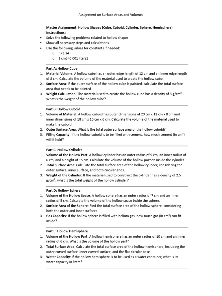 Assignment Surface Area and Volume - Master Assignment on Hollow shapes ...