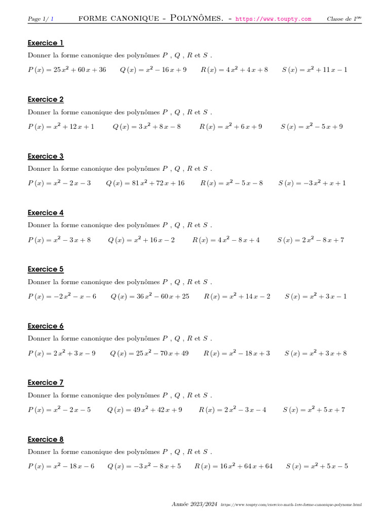 Exercice Forme Canonique Polynome 1ere 1 | PDF