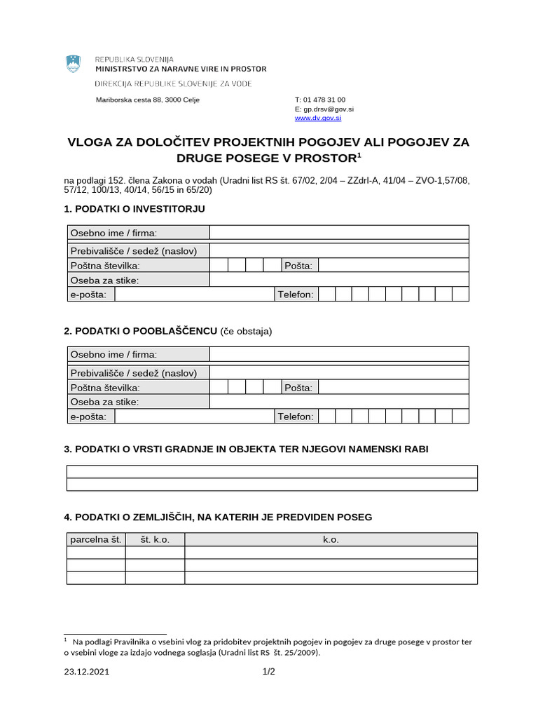 Vloga Za Dolocitev Projektnih Pogojev Ali Pogojev Za Druge Posege V Prostor | PDF