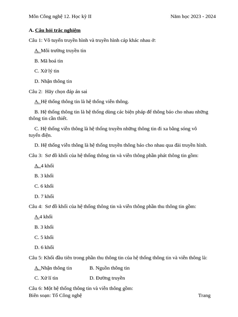 Ngan Hang Cn12-Hkii-2023-2024 | PDF