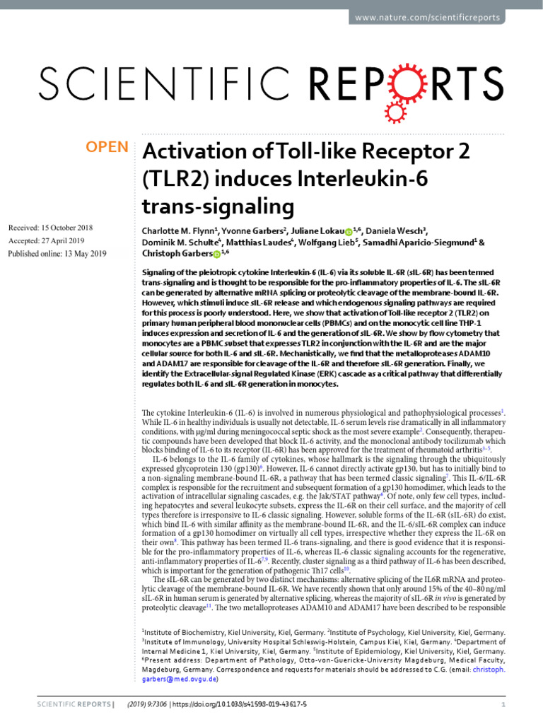Activation of Toll-Like Receptor 2 (TLR2) Induces Interleukin-6 Trans-Signaling | PDF
