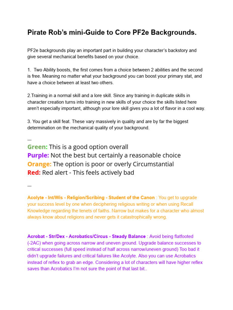 Pirate Rob's Mini-Guide To Core PF2e Backgrounds | PDF