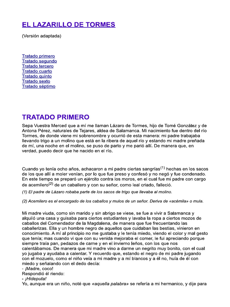 Primer Tratado - Lazarillo de Tormes | PDF