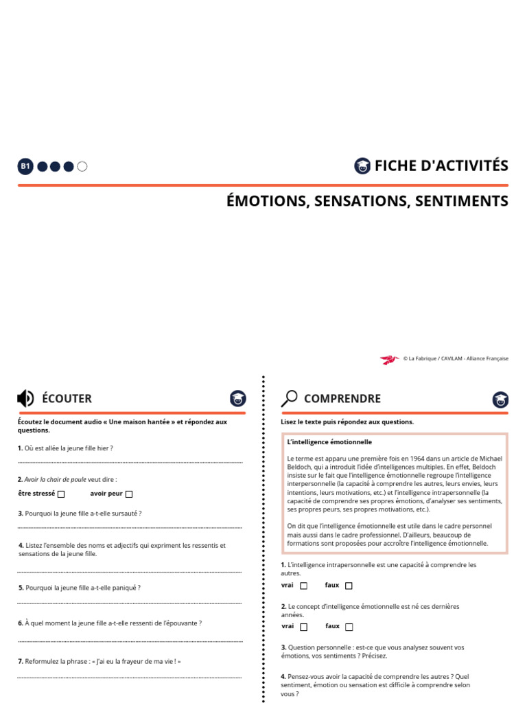 B1 3 DT Emotions Sensations Sentiments Fiche D Activites | PDF