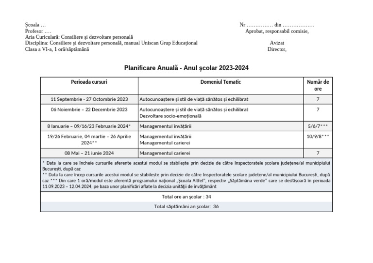 Planificare Anuala Consiliere Si Dezvoltare Personala - Clasa - A - VI - A Uniscan - 2023 - 2024 ...