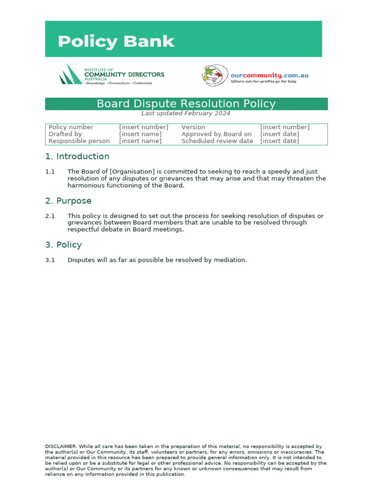 Board Dispute Resolution Policy2024 | PDF