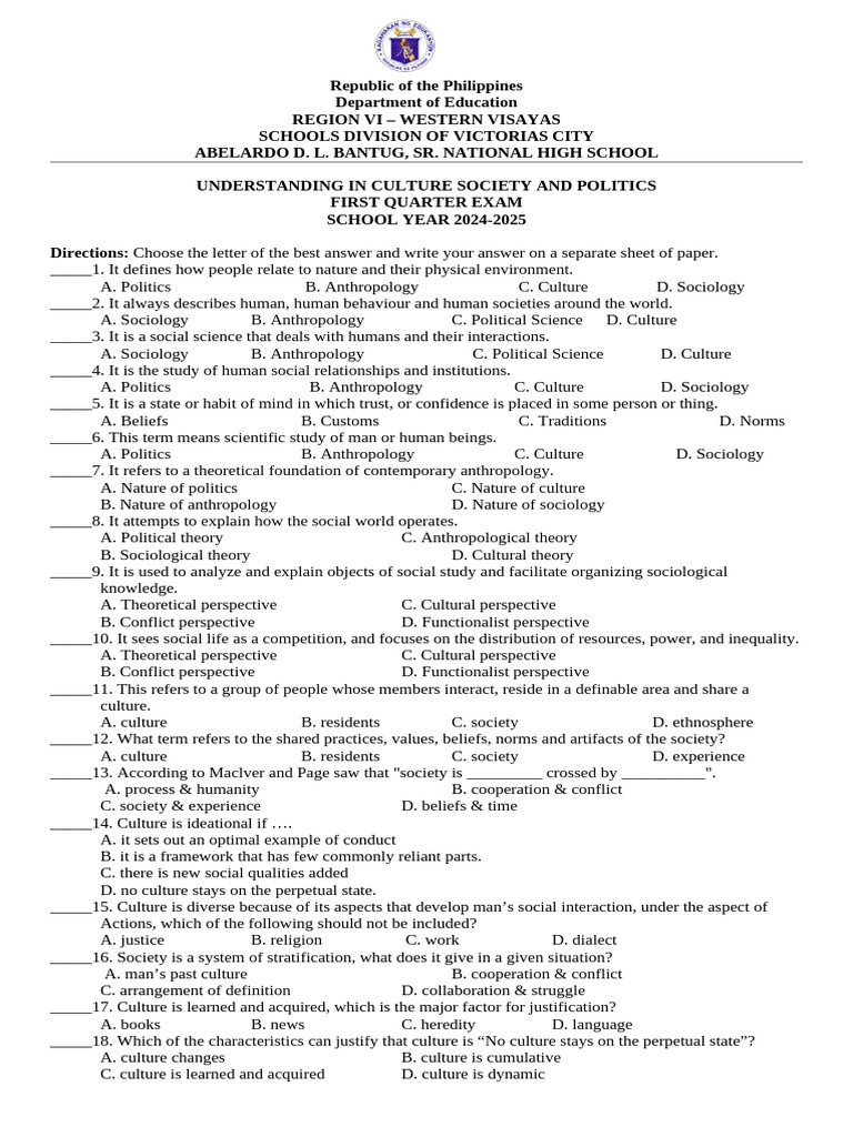 Ucsp 1ST Quarter Exam 2024-2025 | PDF
