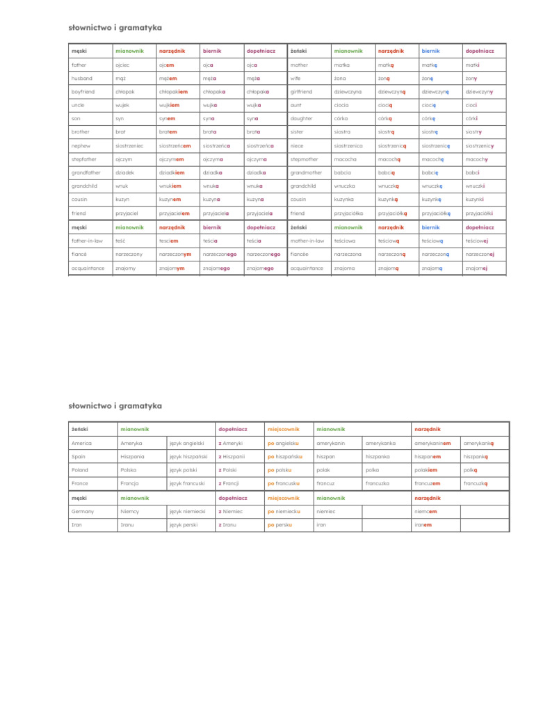 Polish Journal Grammar Chart Polish Language Case Endings | PDF
