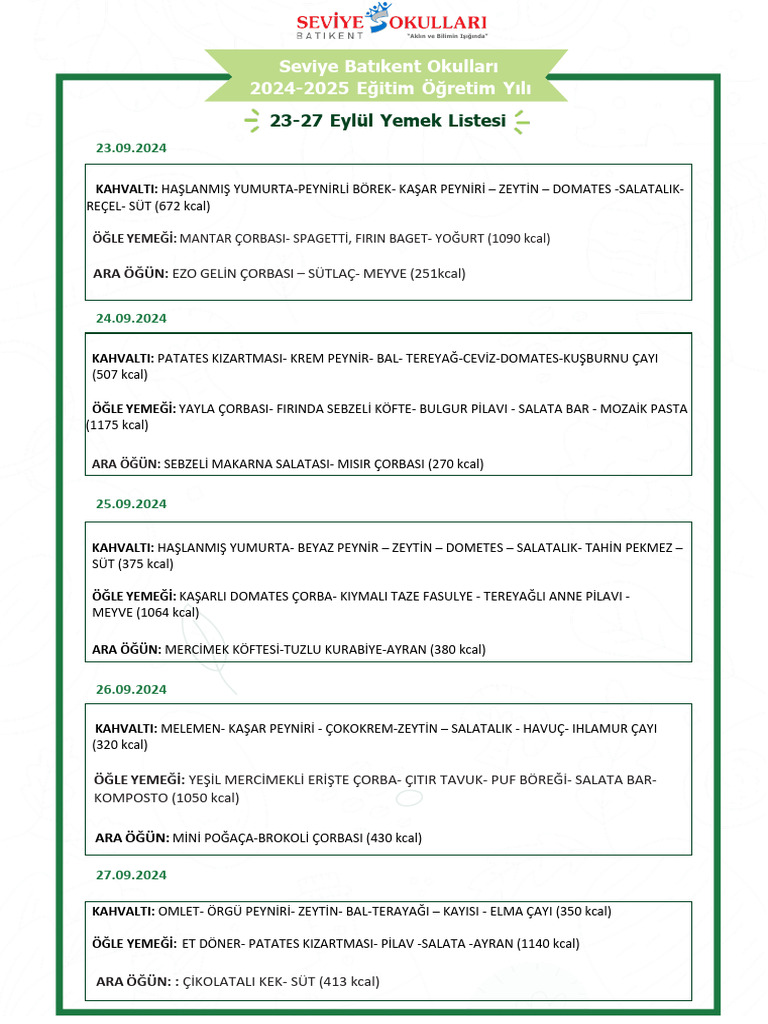 Yemek Listesi 23-27 Eylul | PDF