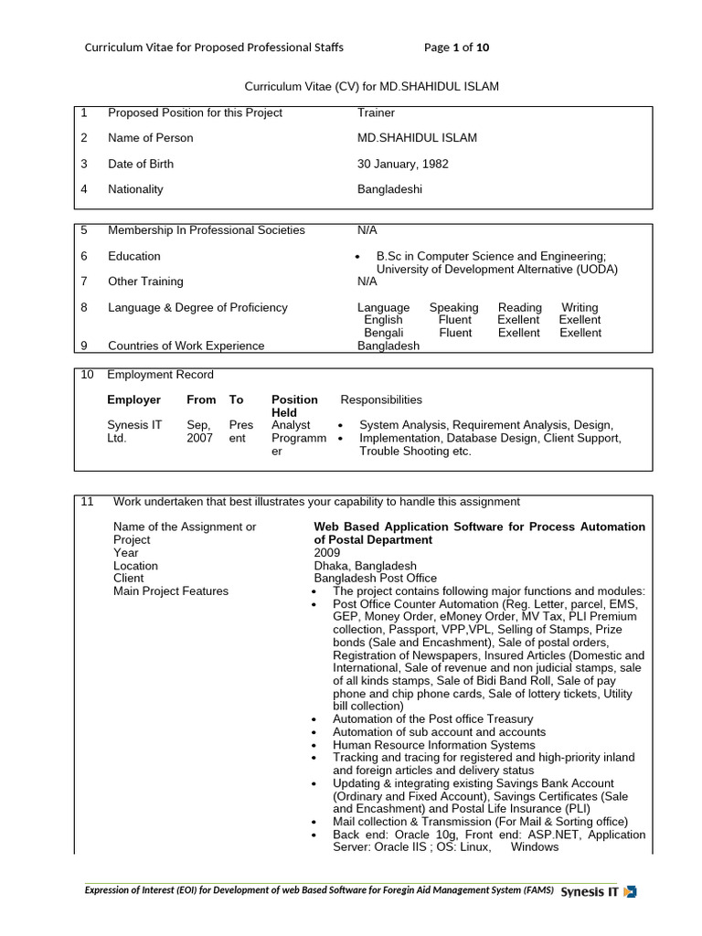 Trainer - Md. Shahidul Islam (Khokon) - CV | PDF