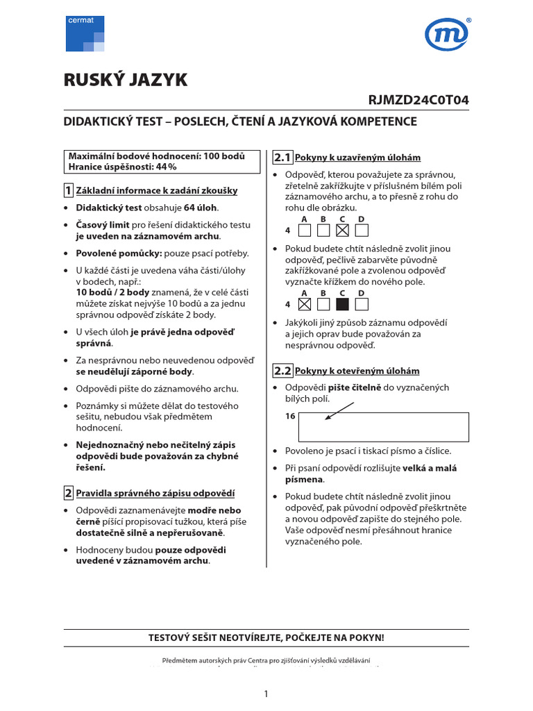 Maturita Rustina Didakticky Test Zadani 2024 Podzim Novy Amos | PDF