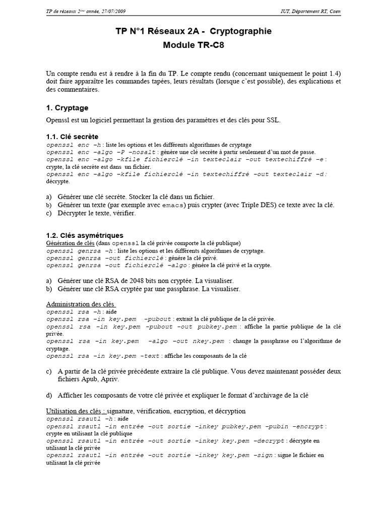 TP N°1 Réseaux 2A - Cryptographie Module TR-C8: 1. Cryptage | PDF