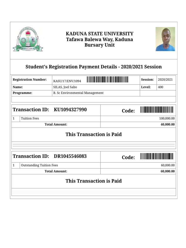 Joel 2 School Fees Transaction Slip - Kaduna State University | PDF