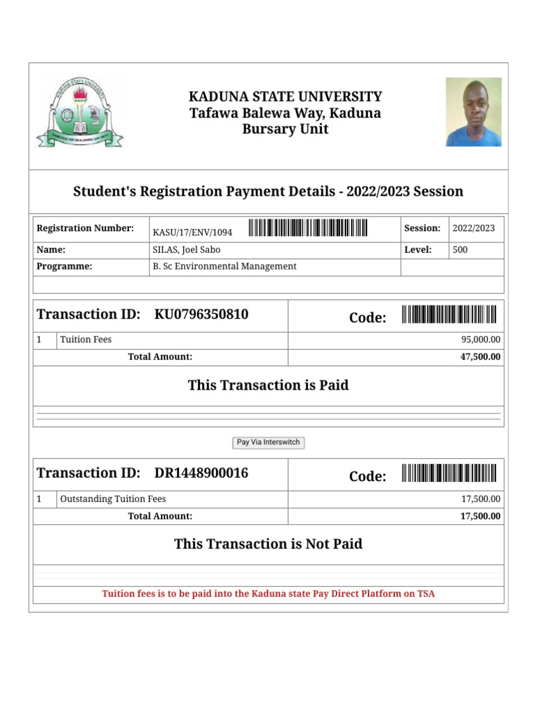 KASU 2022/2023 Student Payment Details | PDF