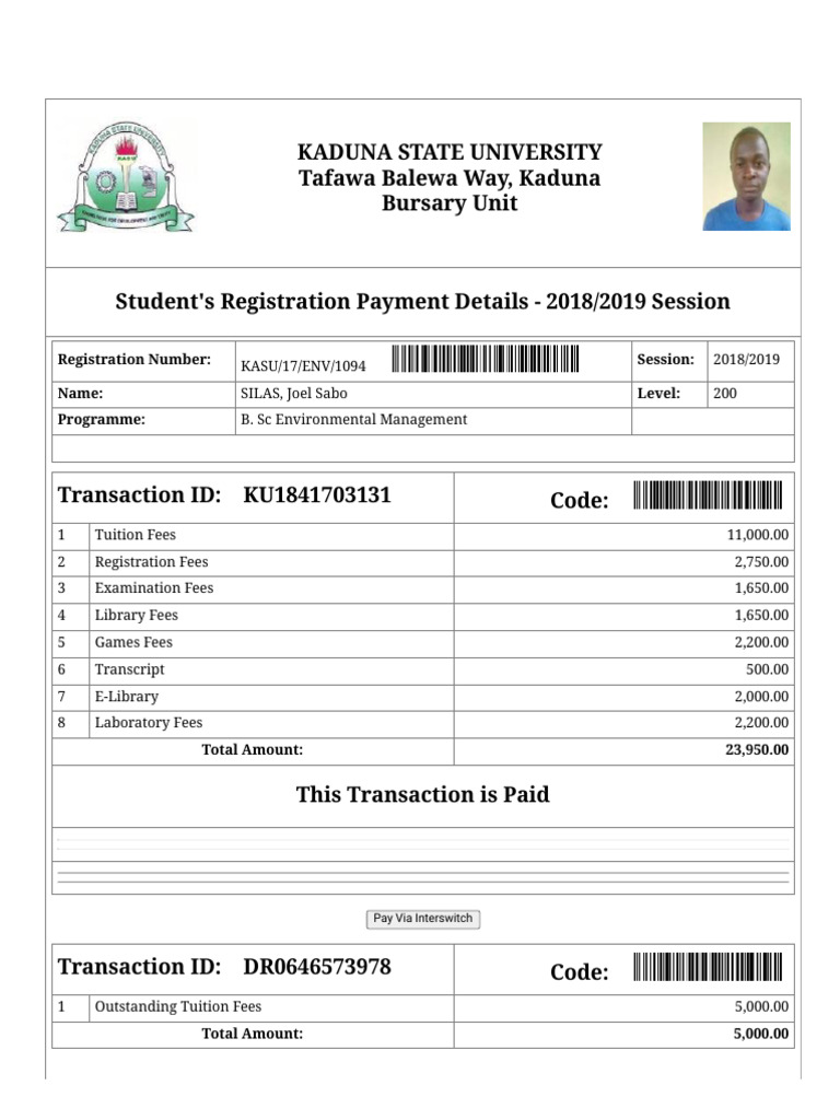 Joel 4 School Fees Transaction Slip - Kaduna State University | PDF