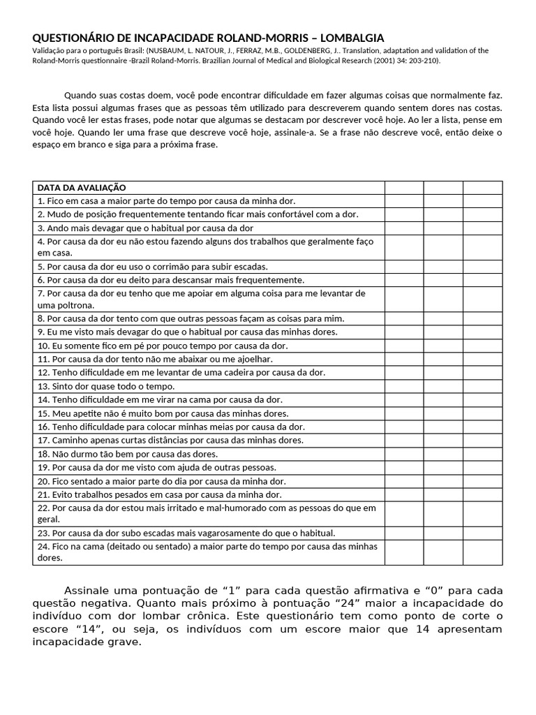 LOMBALGIAS E ''SAUDE DA COLUNA'' - Roland Morris | PDF