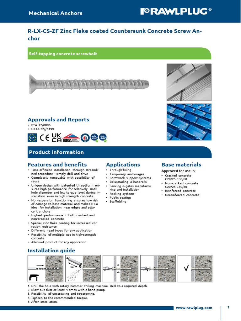 64775.RAWLPLUG - EN.R-LX-CS-ZF Zinc Flake Coated Countersunk Concrete ...