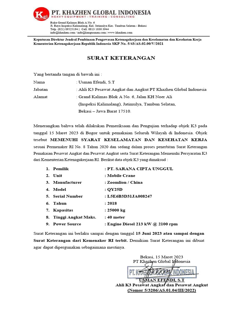 19 SKT Kemnaker Scu Crane - Zoomlion 25 Ton L5e6b3d31ja008247 | PDF