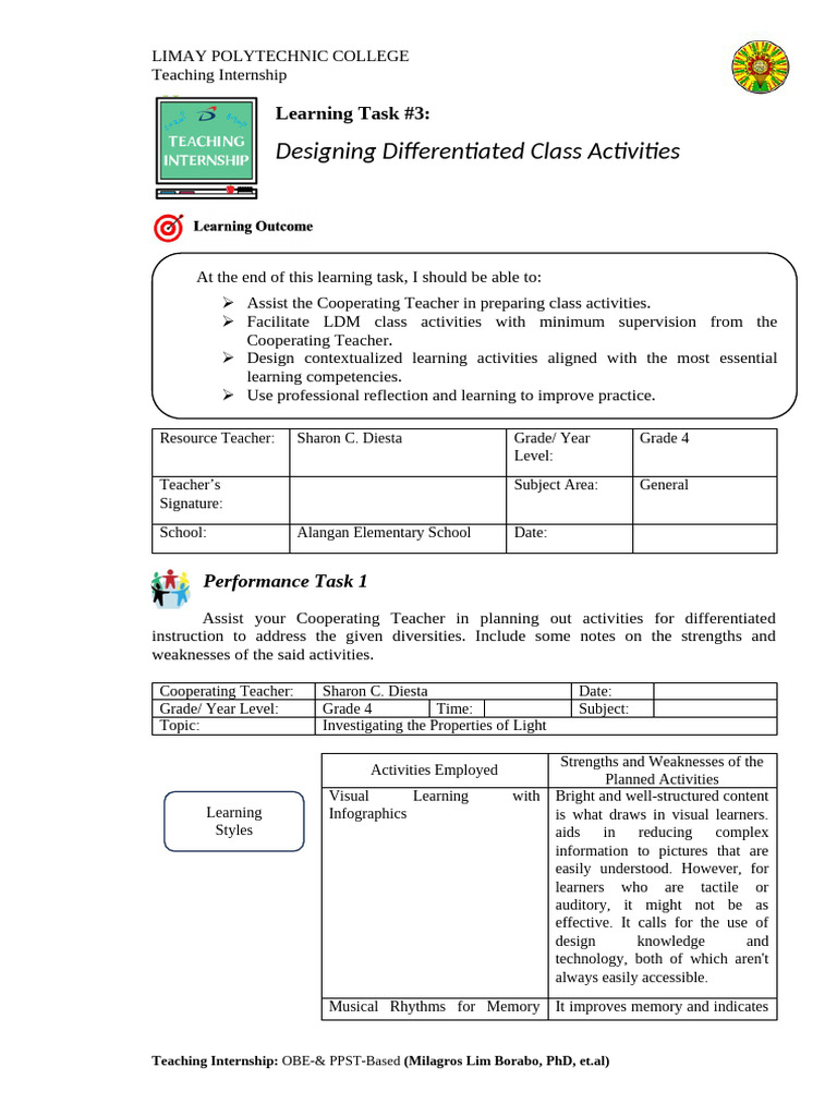 Learning Task 3 Designing Differentiated Class Activities | PDF