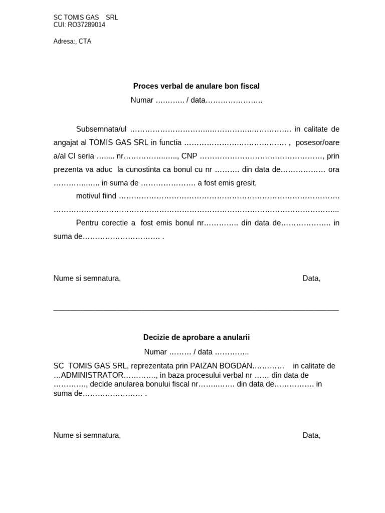 Proces Verbal + Decizie (Anulare Bon Fiscal) | PDF