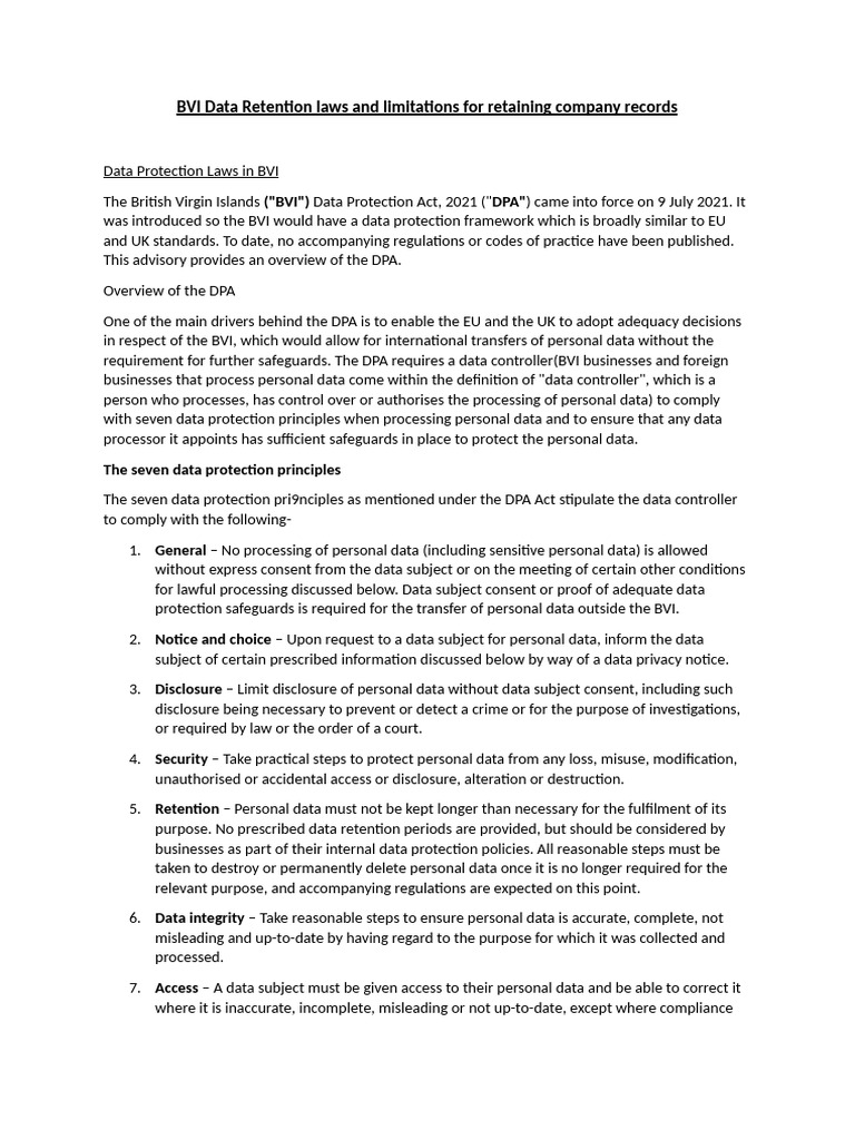 BVI Data Protection & Retention Guide | PDF | Trustee | Law