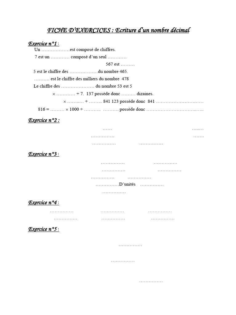 6e-Fiche Exercices Ecriture Nombre Décimal Et Exercices Manuel - Copie ...