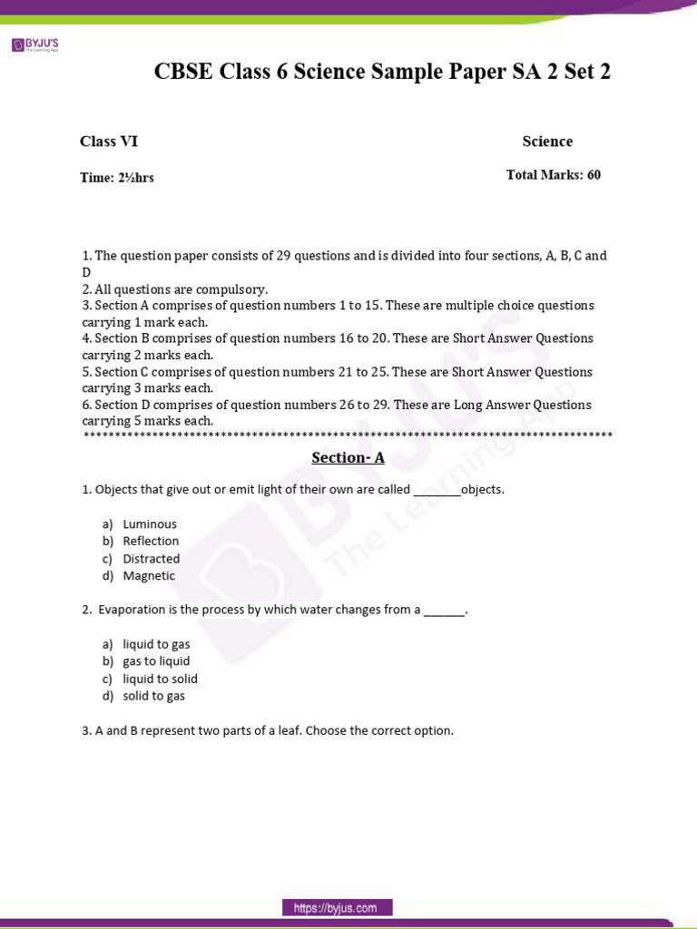 CBSE Class 6 Science Sample Paper SA2 Set 2 | PDF