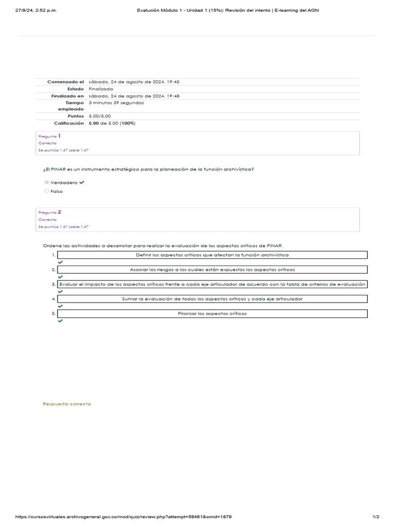 PINAR - Evalución Módulo 1 - Unidad 1 (15%) - Revisión Del Intento - E-Learning Del AGN | PDF