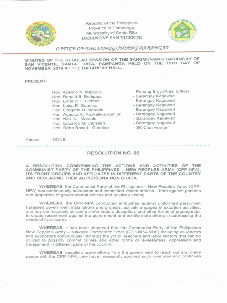 Sangguniang Barangay Reso Condemning CTGs As Persona Non Grata | PDF