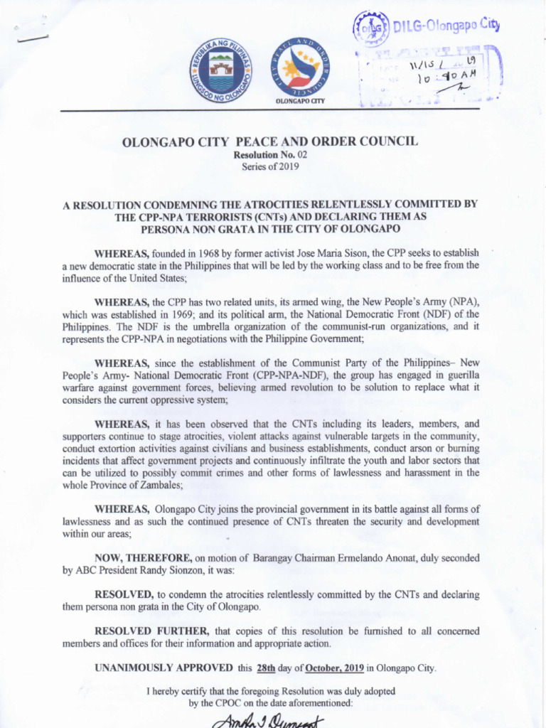 CPOC Reso On CPP NPA As Persona Non Grata | PDF