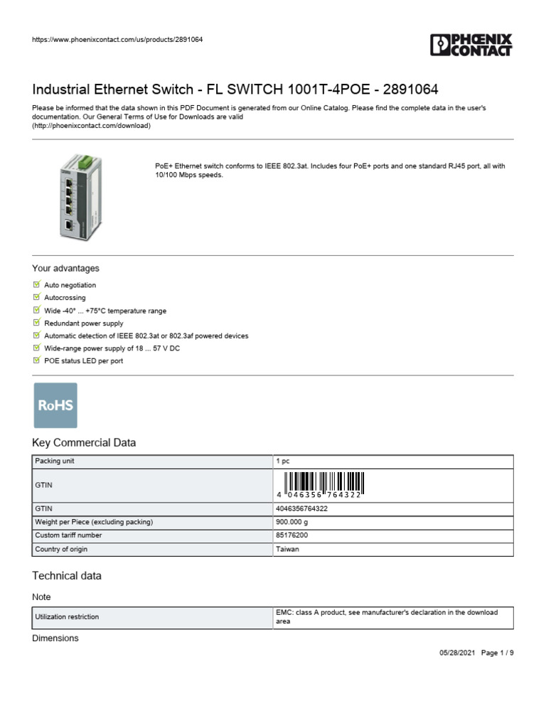 Industrial Ethernet Switch - FL SWITCH 1001T-4POE - 2891064: Your ...