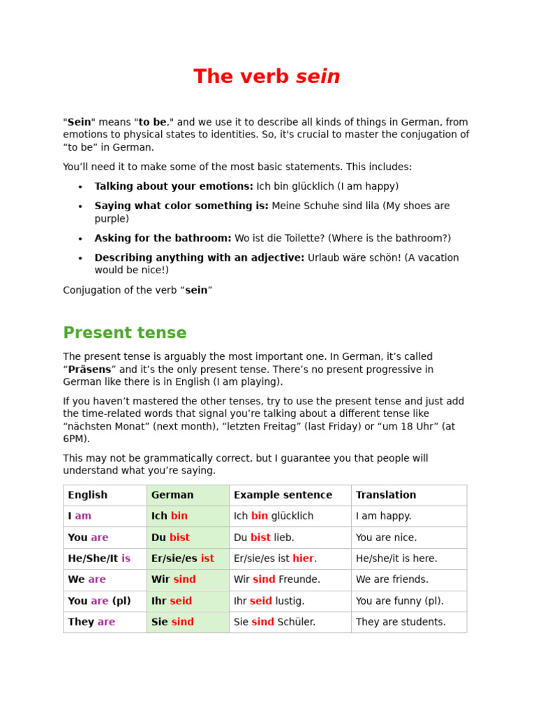 Conjugation Verb Sein | PDF