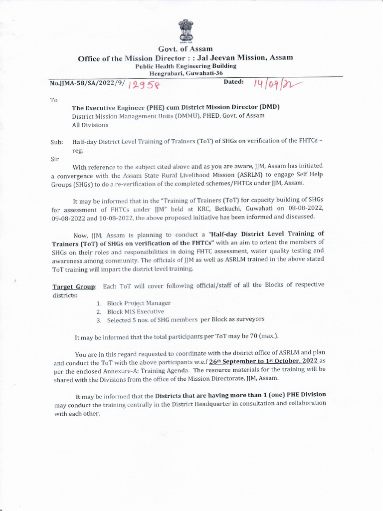 Letter To DMMU Half Day ToT SHGs | PDF