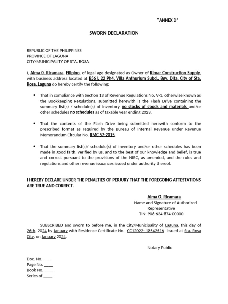 Sworn-Declaration Inventory | PDF