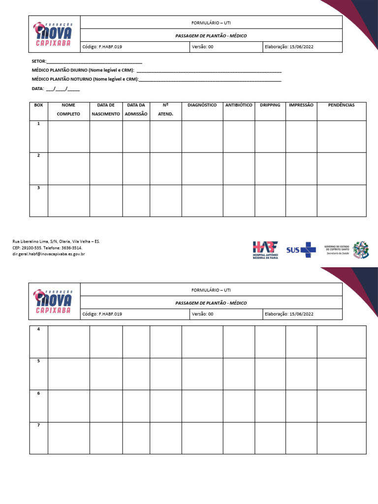 F.HABF.019 - Passagem de Plantão UTI - Médico | PDF