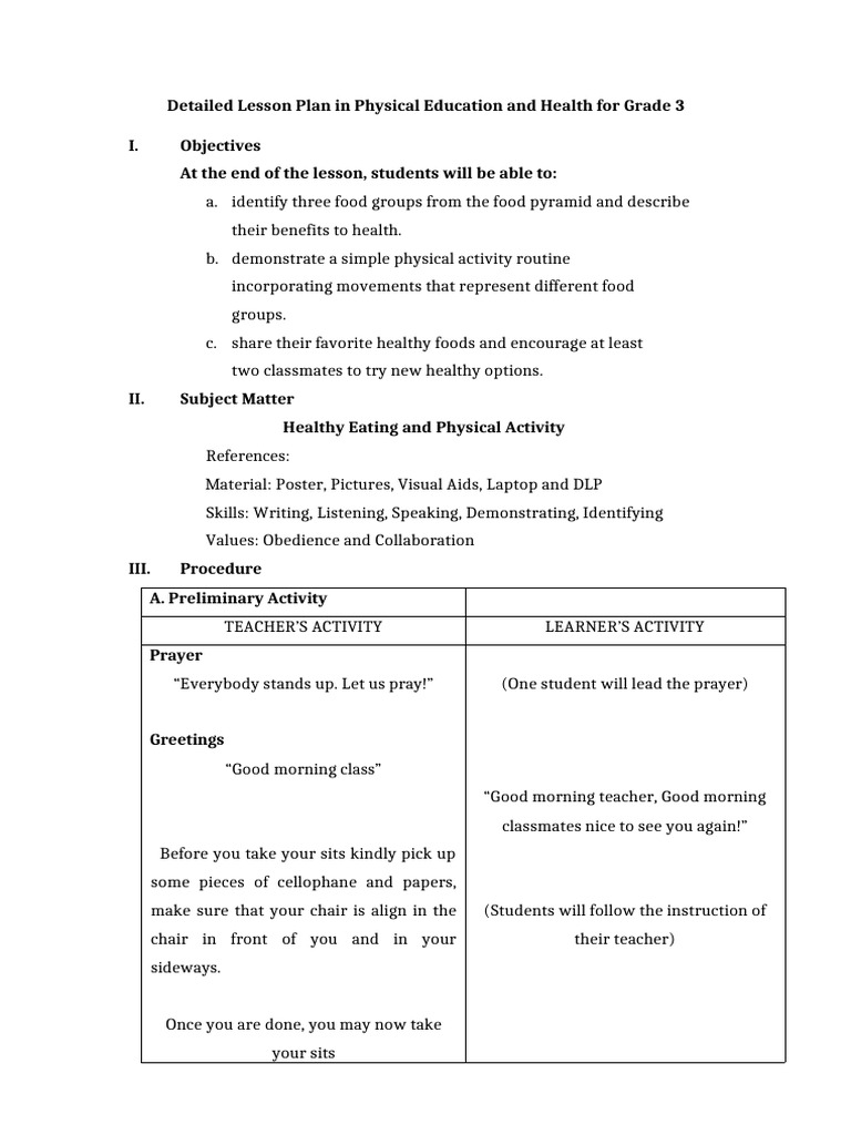 Detailed Lesson Plan in Physical Education and Health For Grade 3 | PDF ...