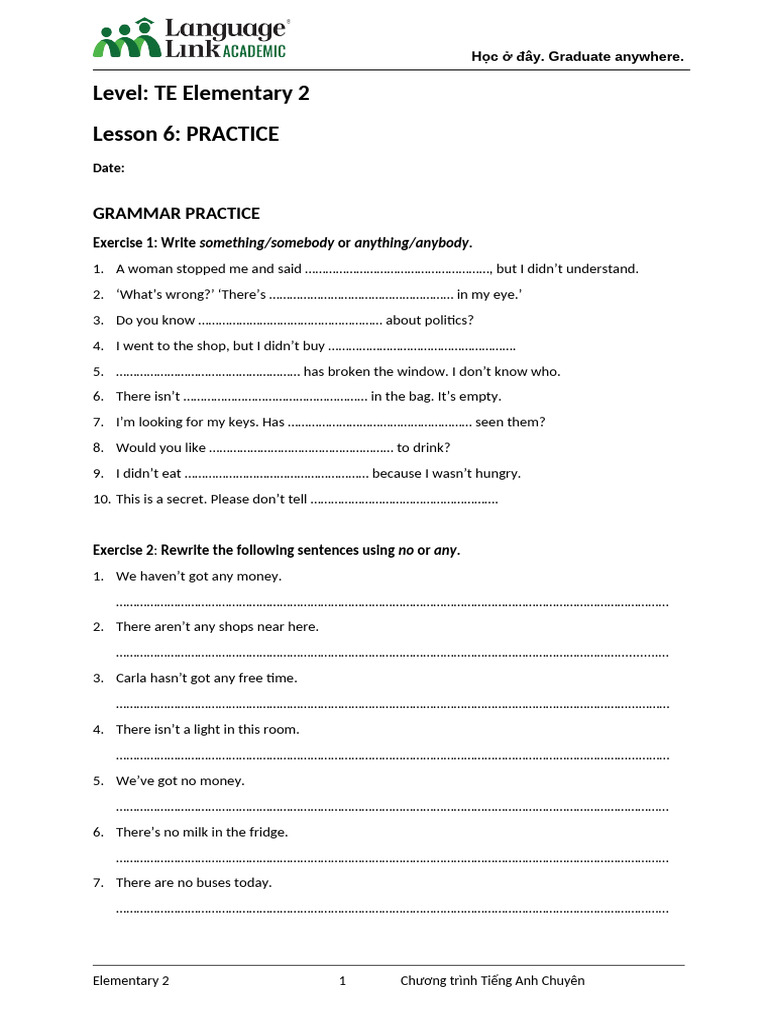 EL2 - Lesson 6 - Class Worksheet | PDF