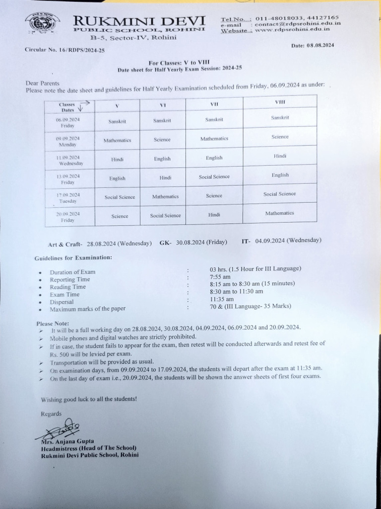 Half Yearly Date Sheet V To VIII | PDF