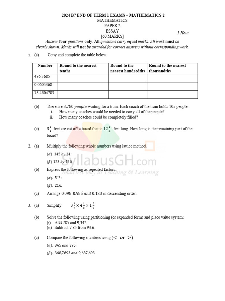 2024 B7 End of Term 1 Exams Mathematics 2 | PDF