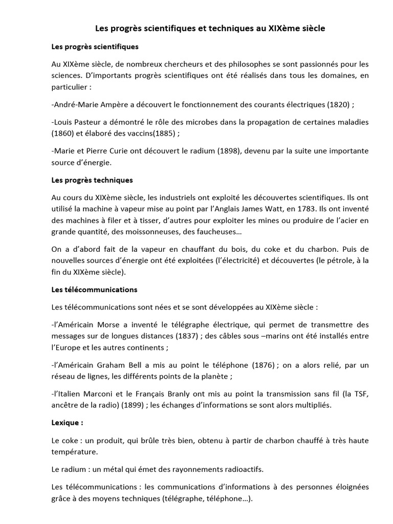Les Progres Scientifiques Et Techniques Au XIXeme Siecle Lecon Et Questions | PDF