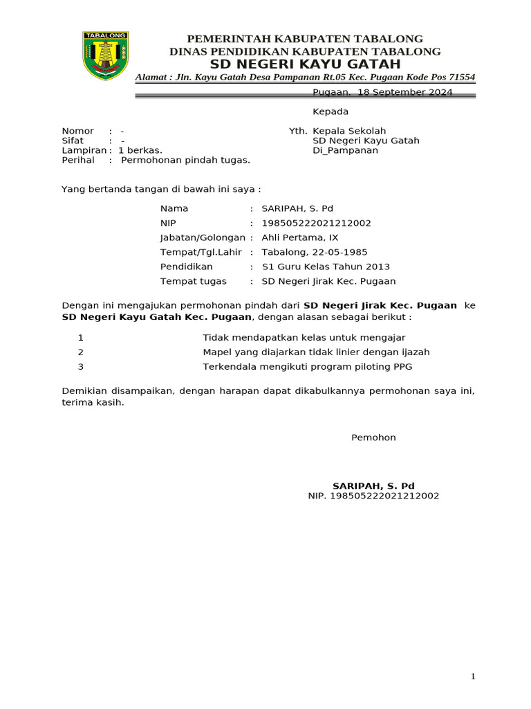 Contoh Format Usul Pindah Tugas | PDF