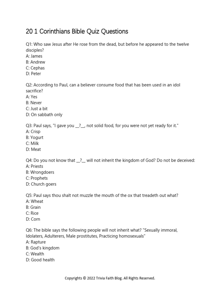 1 Corinthians Bible Quiz Questions and Answers | PDF | First Epistle To ...
