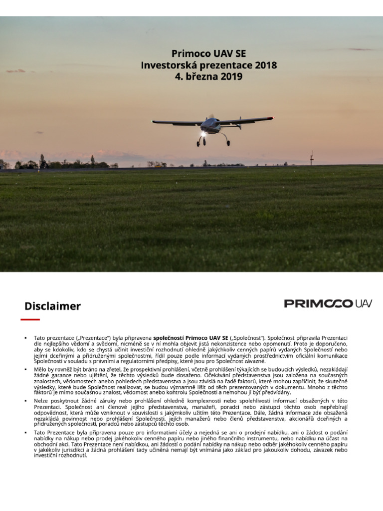 Primoco UAV SE Investorská Prezentace Března PDF | PDF