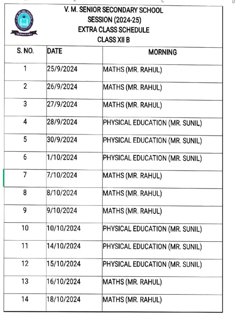 Class-XII B Extra Class Schedule | PDF