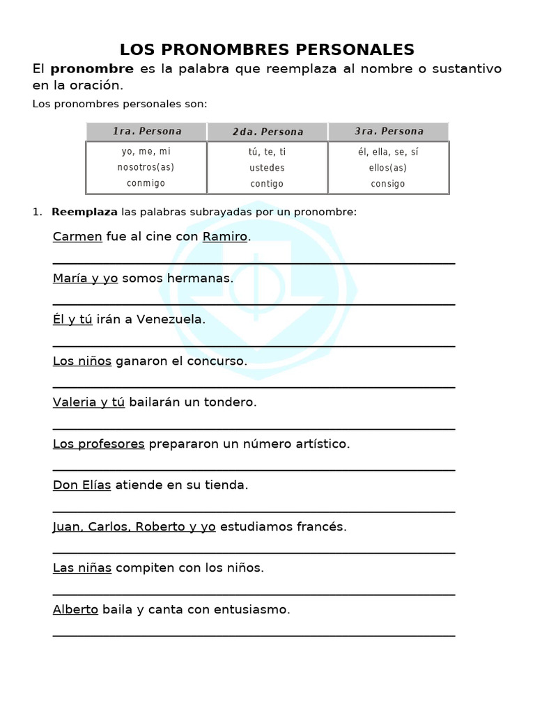 Ficha-Los-Pronombres-Personales-para-Cuarto-de-Primaria | PDF
