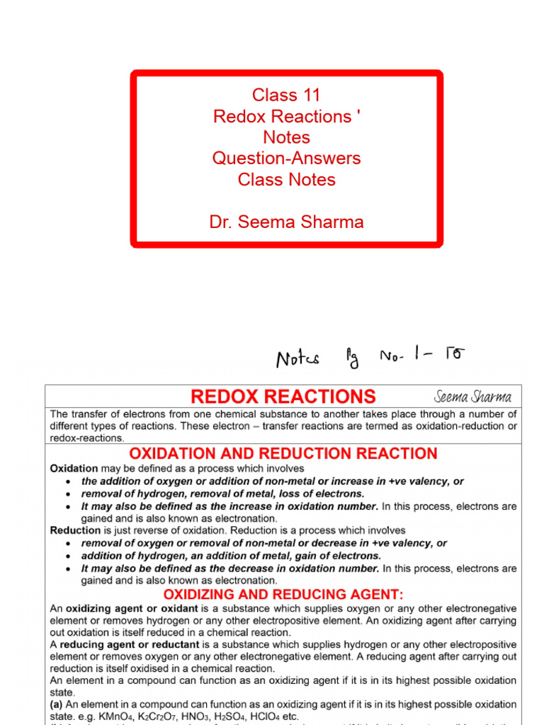 Redox Reactions Notes and QAs 2 | PDF | Redox | Electrochemistry